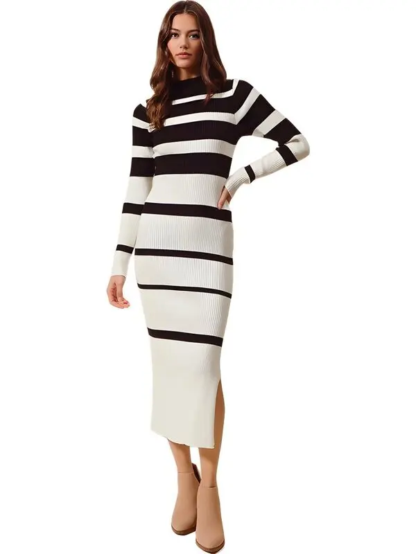 KNIT & LOUNGE Striped Knit Bodycon Midi Dress - Black/ivory Striped