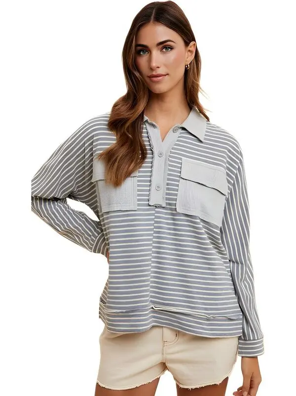 KNIT & LOUNGE Striped Button Top With Patch Pockets - Blue/white