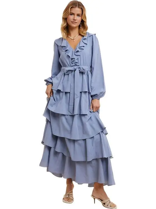KNIT & LOUNGE Tiered Ruffle Wrap Maxi Dress - Light Blue