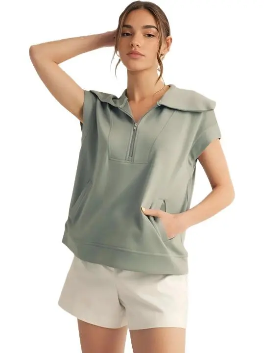 KNIT & LOUNGE Zip Front Sleeveless Top - Sage Green
