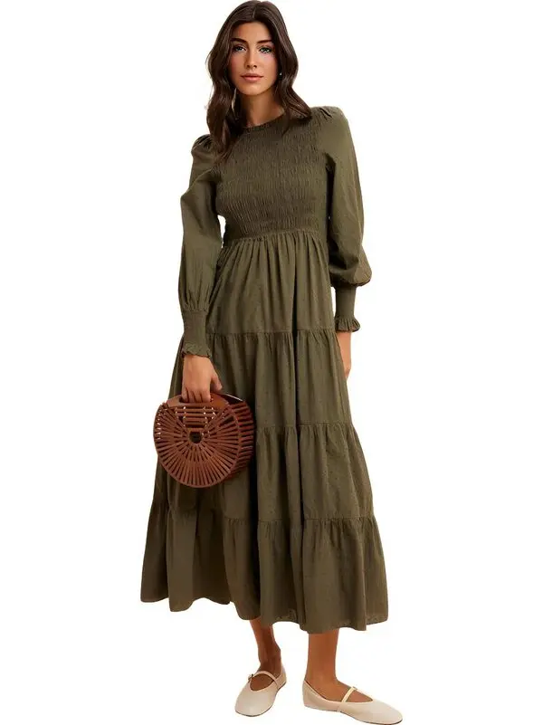 KNIT & LOUNGE Smocked Tiered Long Sleeve Maxi Dress - Olive Green
