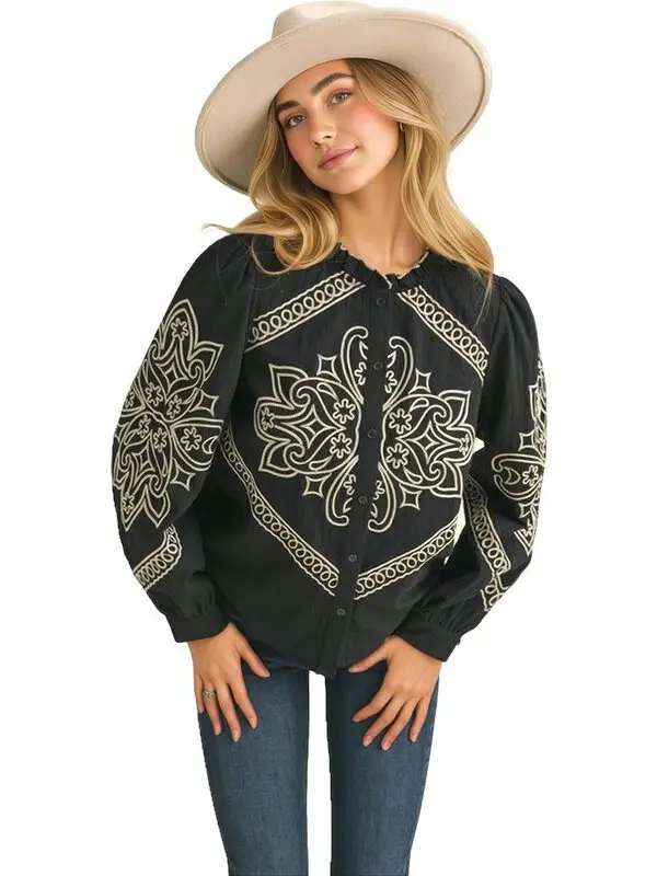 KNIT & LOUNGE Embroidered Western Button-up Blouse - Black
