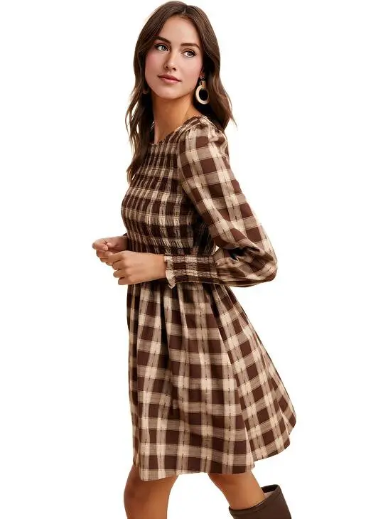KNIT & LOUNGE Plaid Mini Dress With Smocked Bodice - Brown Plaid
