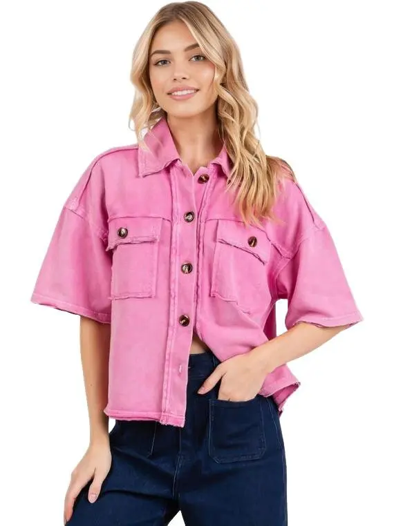 KNIT & LOUNGE Utility Button-front Shirt Jacket - Pink Acid Wash
