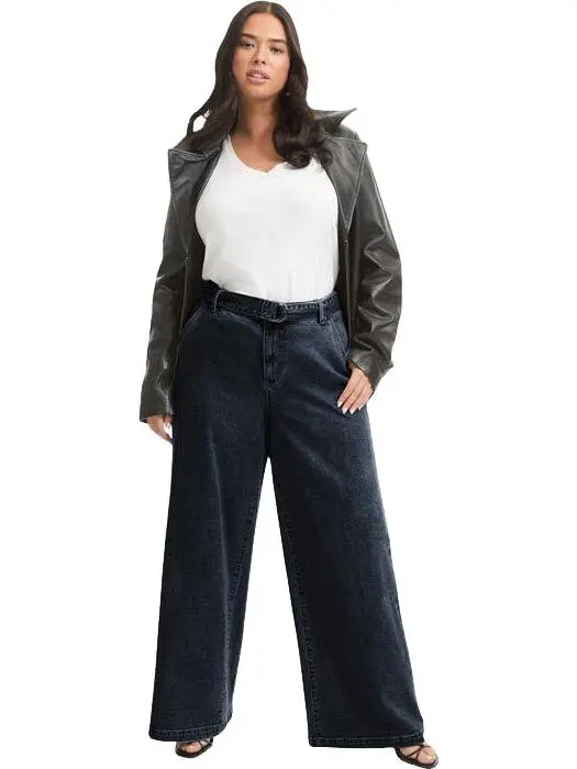 JUNE + VIE Curvie Fit High-waisted Wide-leg Utility Jeans - Dark Rinse