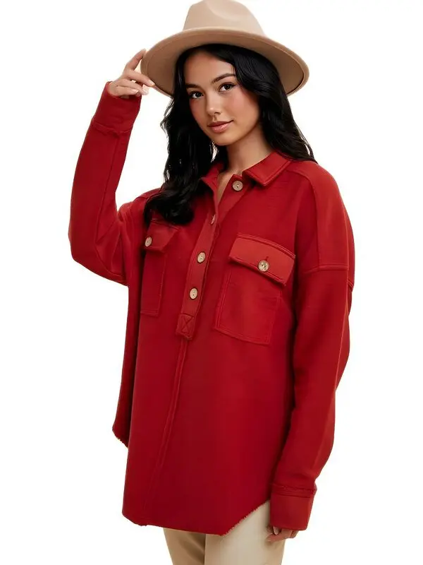 KNIT & LOUNGE Relaxed Button-up Utility Tunic With Pockets - Crimson