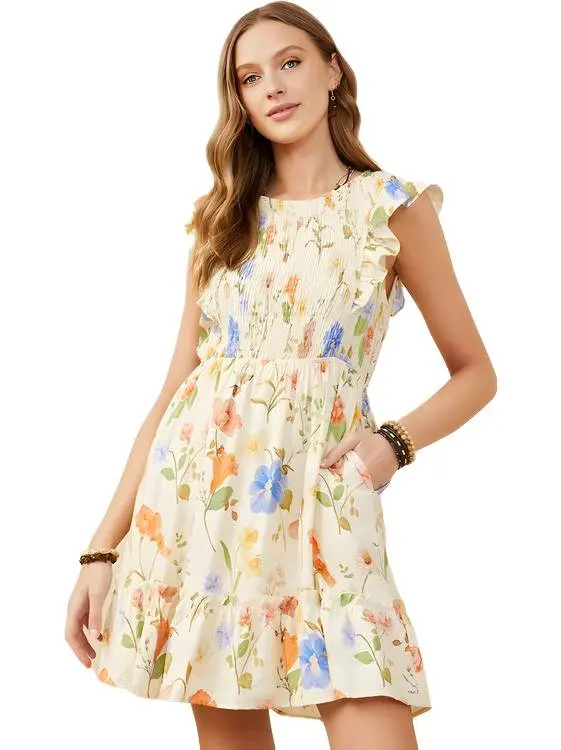 KNIT & LOUNGE Ruffle Sleeve Smocked Floral Mini Dress - Cream Floral Print