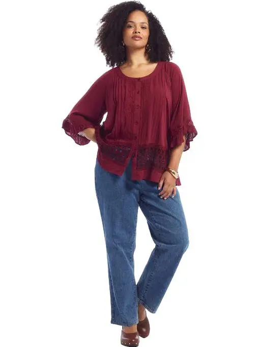 JUNE & VIE Lace Trimmed Boho Blouse - Cabernet