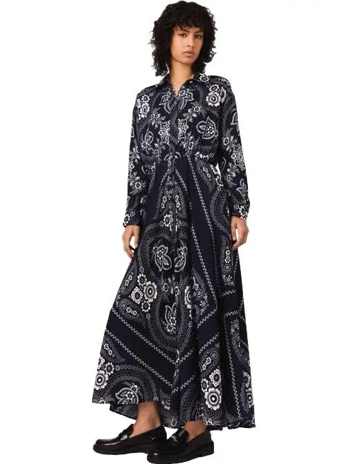 Maje Maxi Floral Print Satin Shirt Dress - Navy Bandana Print