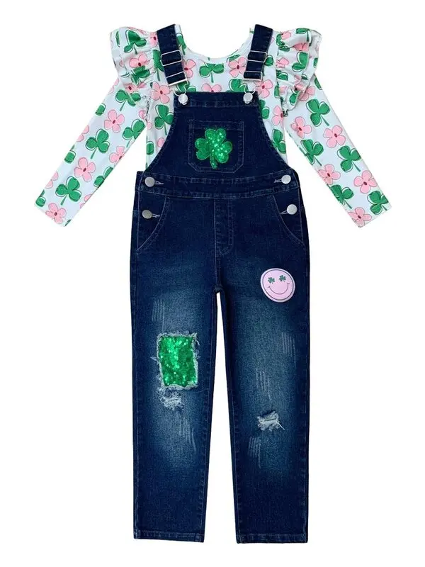 MIA BELLE GIRLS Sequin Patched Overall Set - Denim