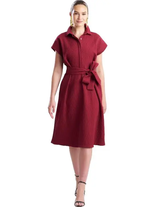 Natori Textured Cotton Jacquard Shirt Dress - Ruby