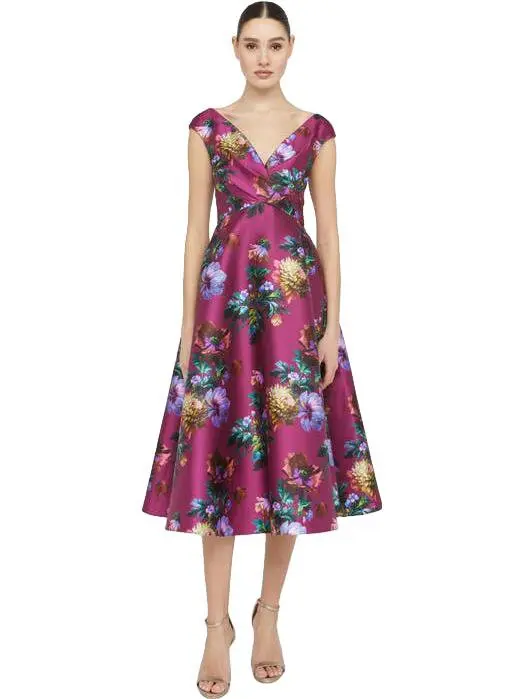 Theia Kadence Floral Mikado Tea-length Dress - Sangria Poppy Stripe