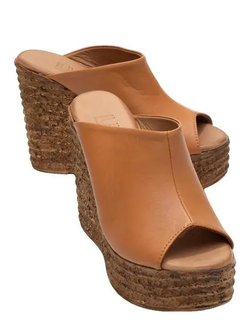 FOREVER & ALWAYS SHOES Leather Platform Wedge Sandals - Cognac Leather