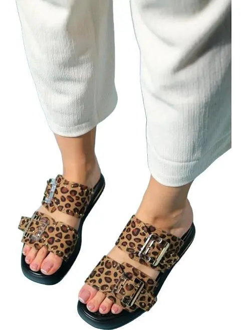 PROLOGUE SHOES Zley Buckle Sandals - Leopard Faux Leather
