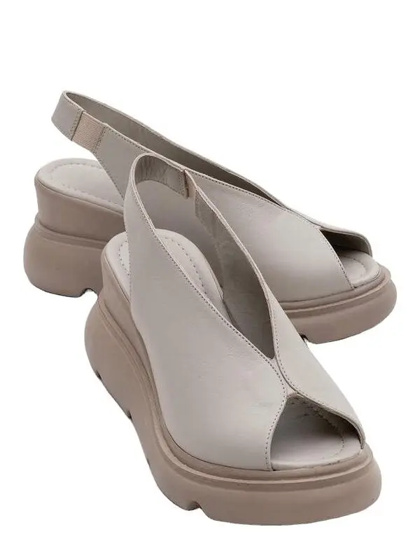 FOREVER & ALWAYS SHOES Leather Platform Wedge Sandals - Beige Leather