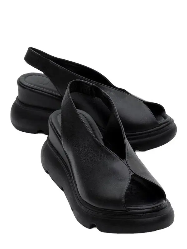 FOREVER & ALWAYS SHOES Leather Platform Wedge Sandals - Black Leather