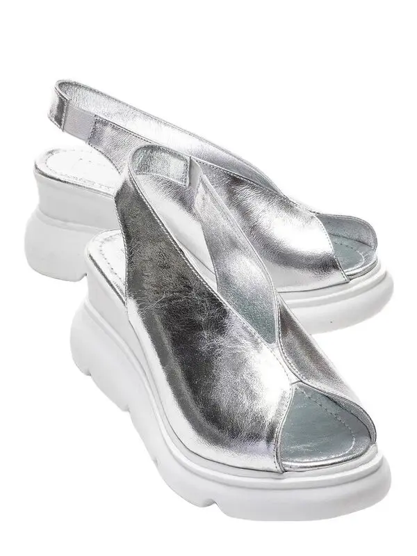 FOREVER & ALWAYS SHOES Leather Platform Wedge Sandals - Silver