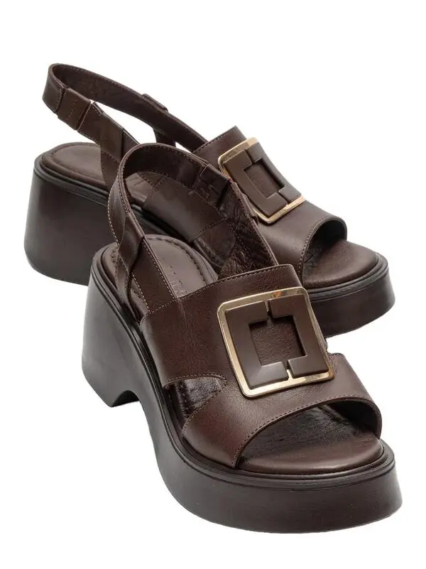 FOREVER & ALWAYS SHOES Leather Buckle Platform Sandal - Brown