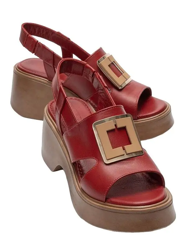 FOREVER & ALWAYS SHOES Leather Buckle Platform Sandal - Red