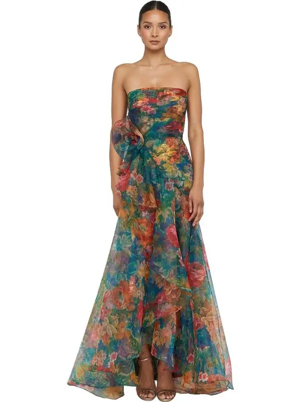 Theia Leora Rosette Ruffle Gown - Tapestry Roses