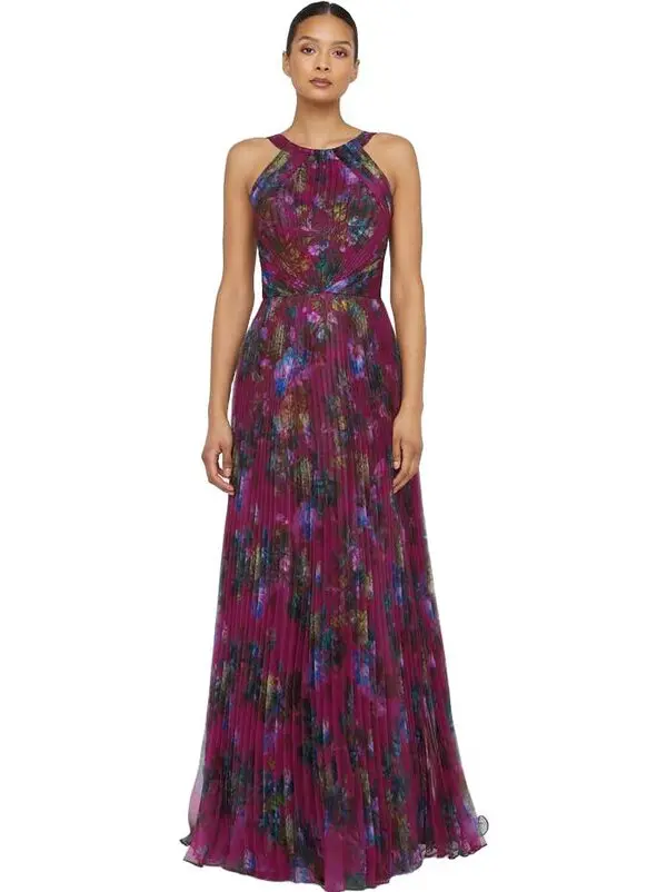 Theia Naveen Pleated Gown - Sangria Poppy Stripe