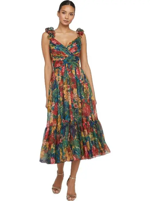 Theia Tate Ruffle Shoulder Midi Dress - Tapestry Roses