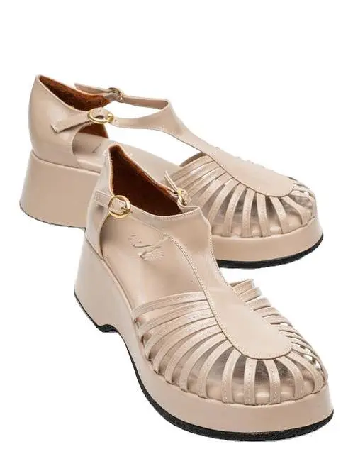 PROLOGUE SHOES Aniel Platform Wedge Sandal - Beige Faux Leather