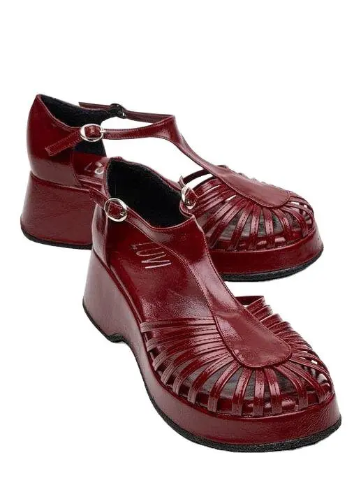 PROLOGUE SHOES Aniel Platform Wedge Sandal - Burgundy Faux Leather