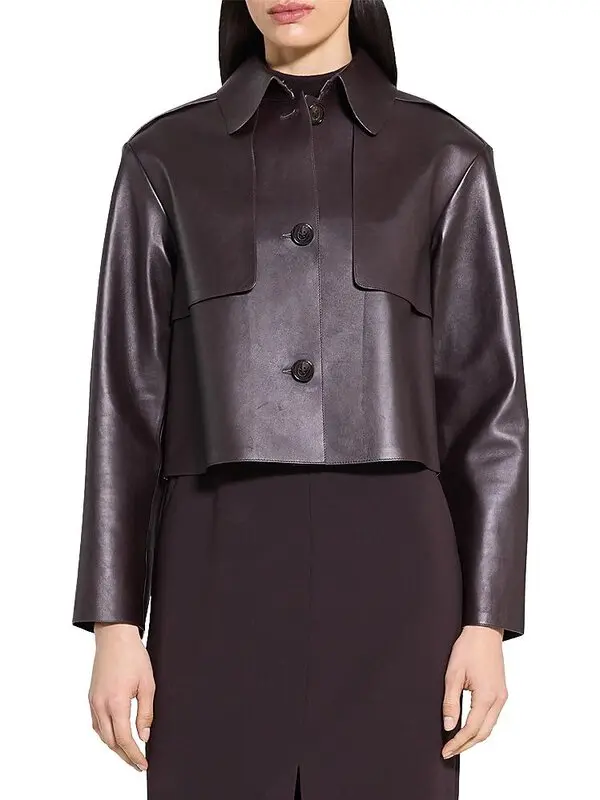 Theory Cropped Leather Trench Coat - Cacao