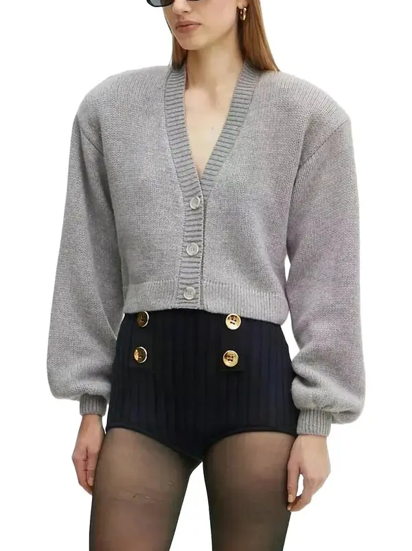 LA MANIA Balloon-sleeve Button Cardigan - Grey