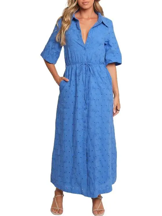 PETAL & PUP Embroidered Tie Waist Maxi Shirt Dress - Cobalt