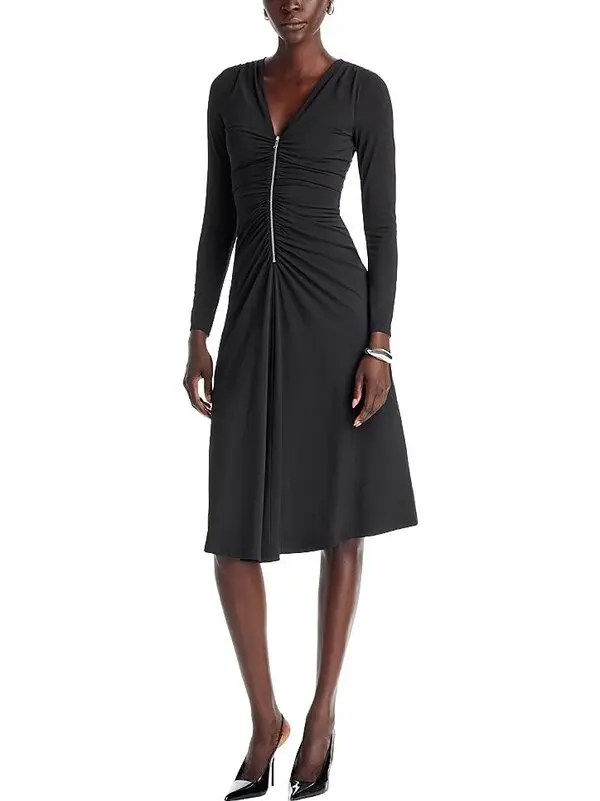 Michael Kors Zip Front Ruched Midi Dress - Black