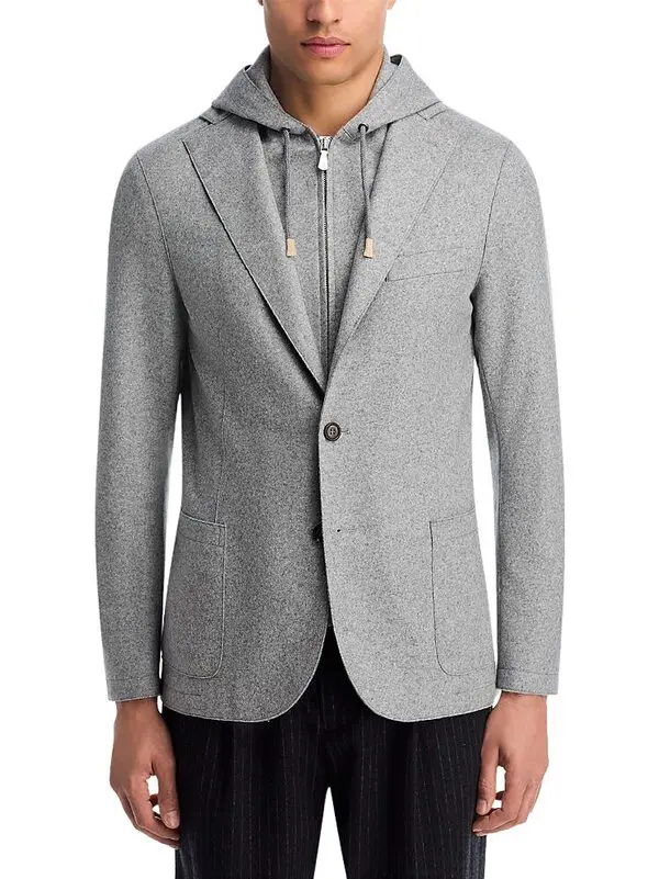 Eleventy Flannel Sport Coat With Removable Zip Up Hoodie - Grey