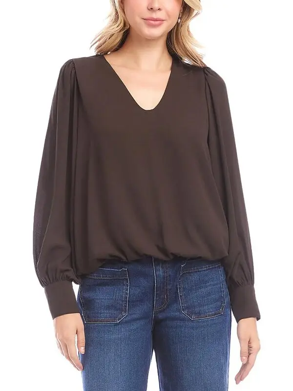 Karen Kane Puffed Sleeve V-neck Top - Brown