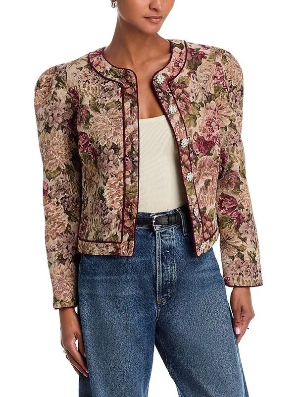 Aqua Tapestry Puff Sleeve Jacket - Brown Muti