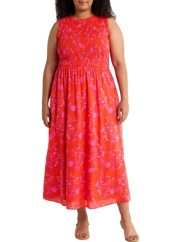 SUGARLIPS Fia Floral Smocked Sleeveless Maxi Dress - Red/pinks