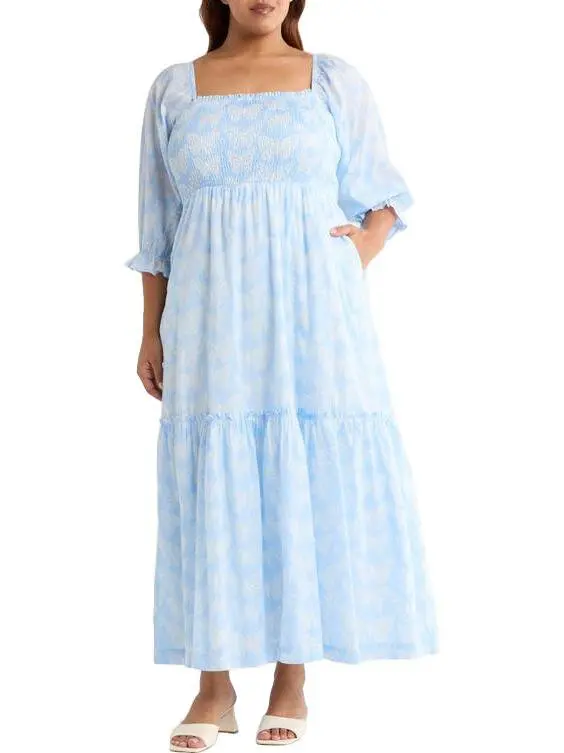 SUGARLIPS Aubry Butterfly Smocked Maxi Dress - Blue/white