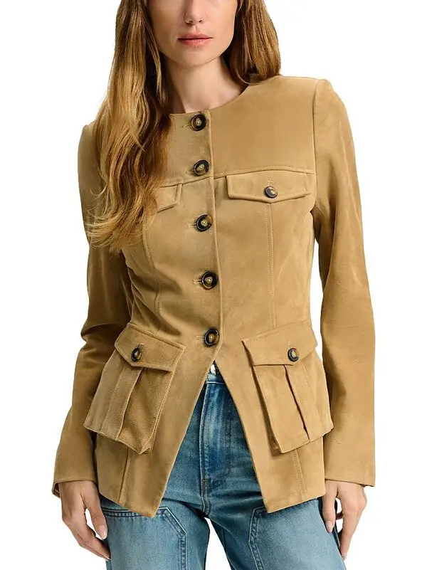 Veronica Beard Orrin Leather Cargo Jacket - Desert Khaki