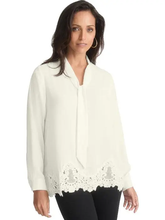 JESSICA LONDON Lace Trim Bow Blouse - Ivory