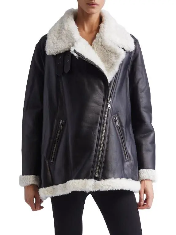 Altuzarra Shaeffer Leather & Genuine Shearling Aviator Jacket - Black
