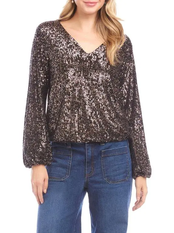 Karen Kane Sequin V-neck Top - Bronze
