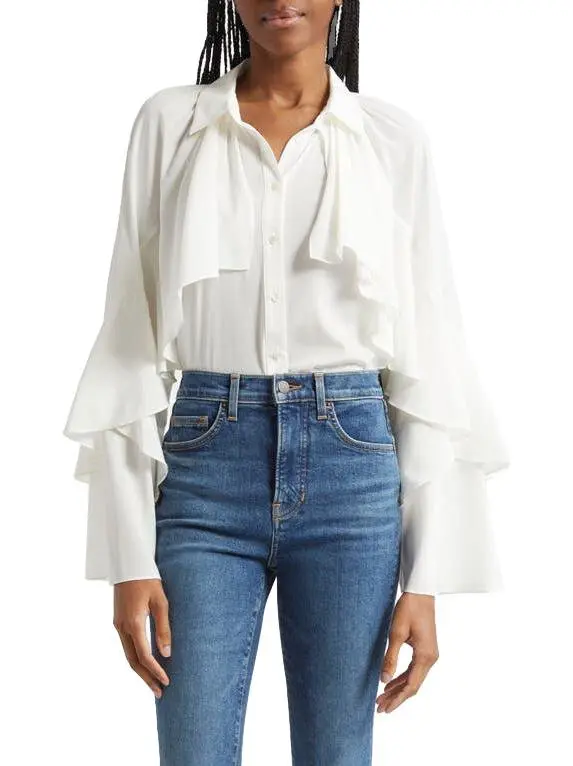 Veronica Beard Demaris Ruffle Stretch Silk Button-up Shirt - Dove