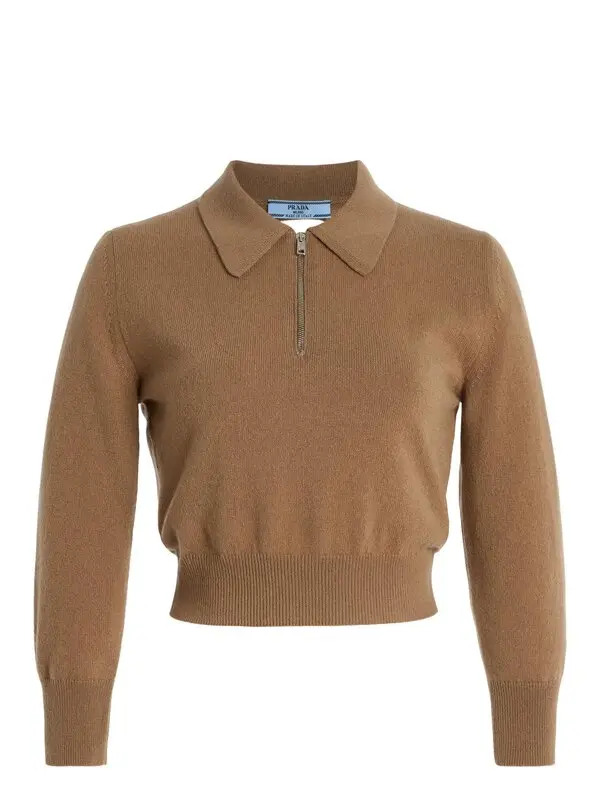 Prada Cutout Cropped Cashmere Polo Sweater - Tan
