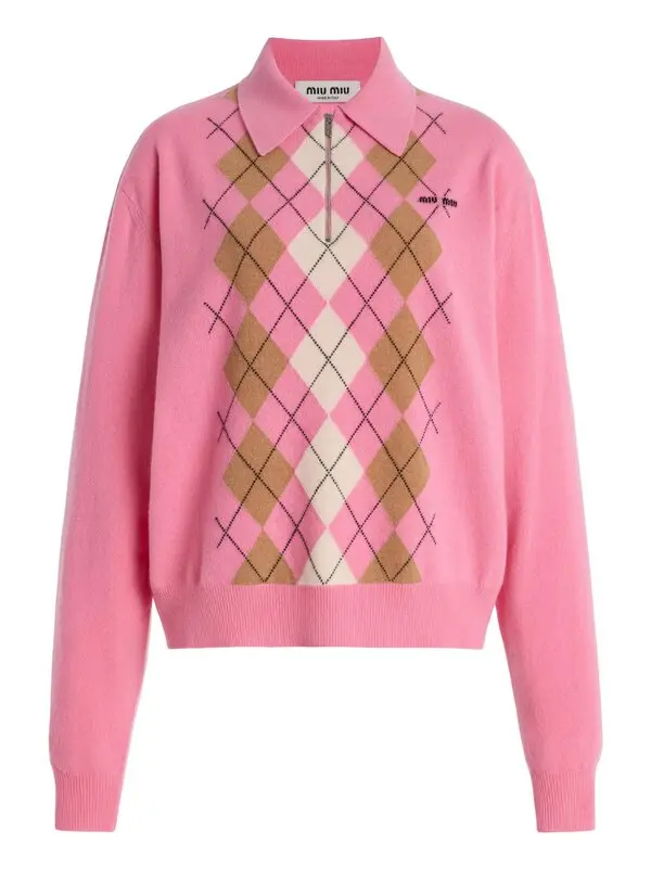 Miu Miu Argyle Cashmere Polo Sweater - Pink