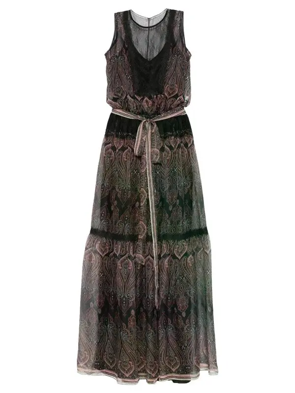 MIAU BY CLARA ROTESCU Paisley-print Lace-trimmed Maxi Dress - Black