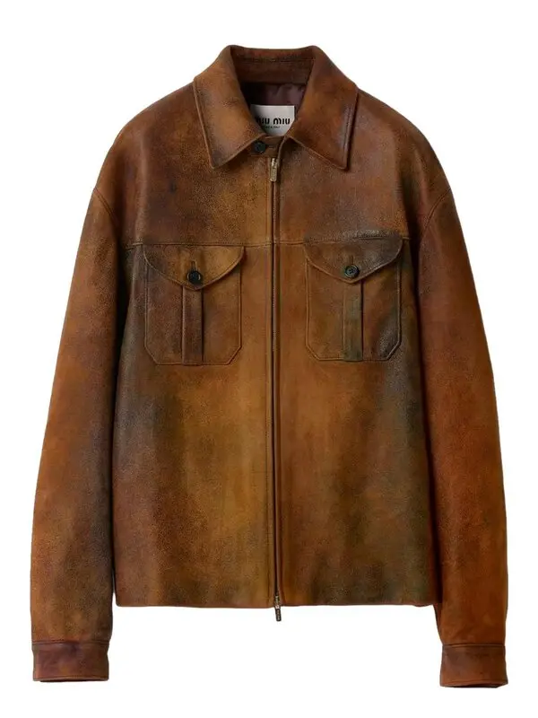 Miu Miu Embossed-logo Leather Jacket - Brown