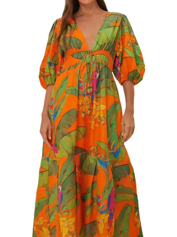 Farm Rio Botanical-print Midi Dress - Orange