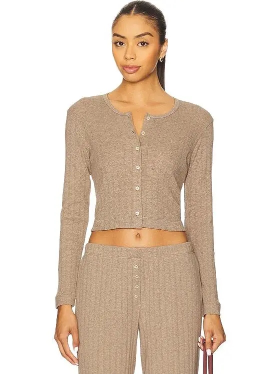 LESET Pointelle Crop Cardigan - Beige Melange