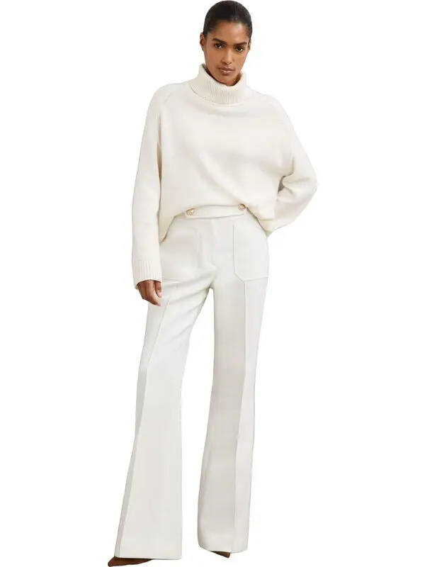 REISS Lily Twill Flared Trousers With Wool And Button-tab Detail - White