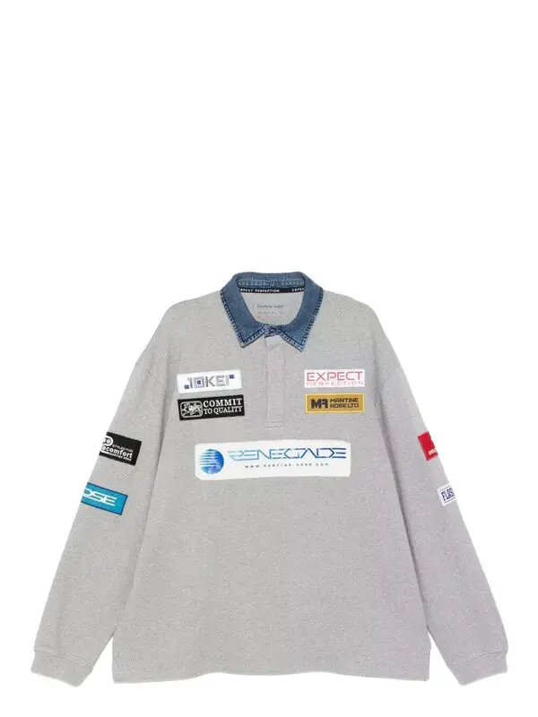 Martine Rose Denim-collar Logo-patch Polo Shirt - Grey